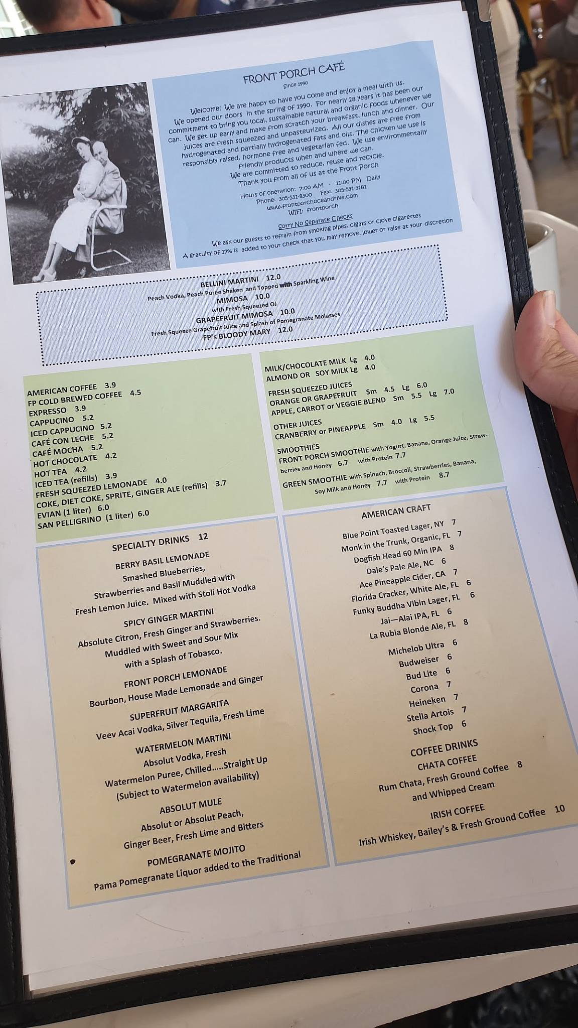 Menu at Front Porch Cafe, Miami Beach