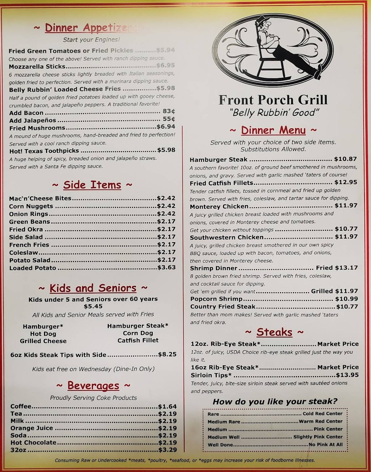 Menu at Front Porch Grill restaurant, Millbrook