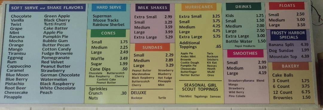 Menu at Frosty Harbor restaurant, Ashtabula