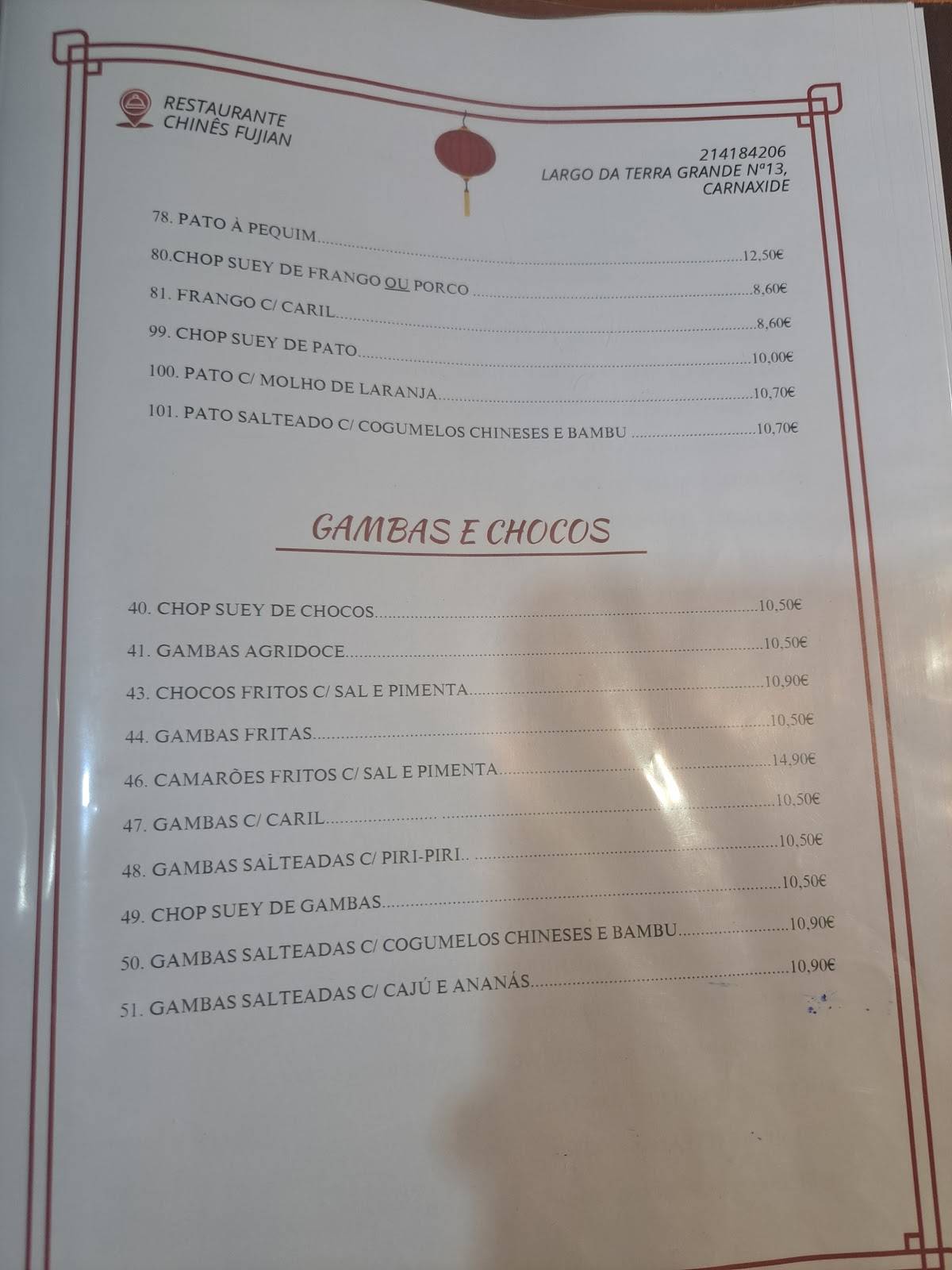 Menu at Fu Jian restaurant, Carnaxide