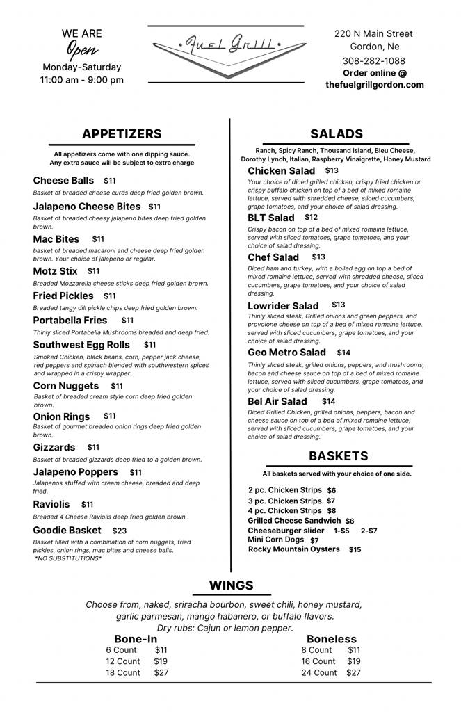 Menu at Fuel Grill pub & bar, Gordon