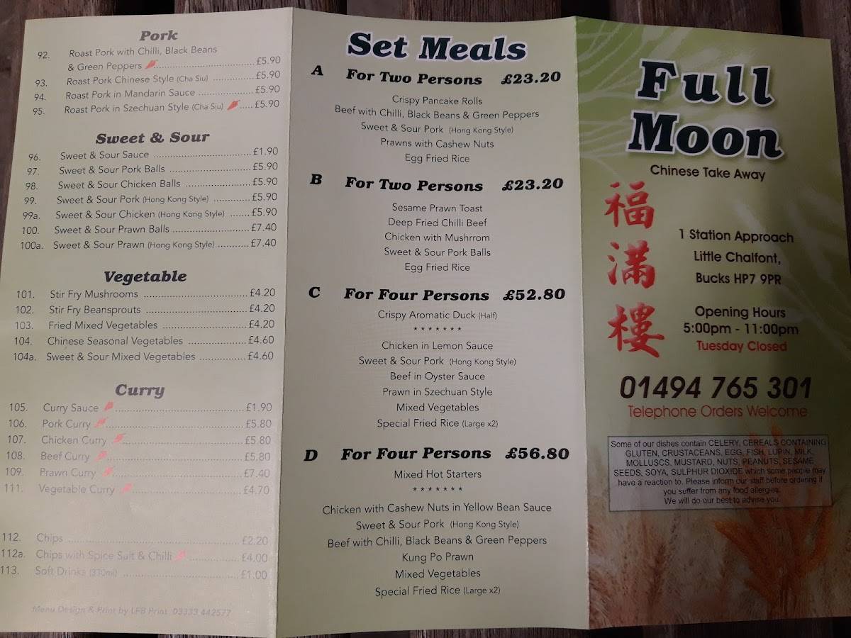Menu At Full Moon Restaurant Amersham
