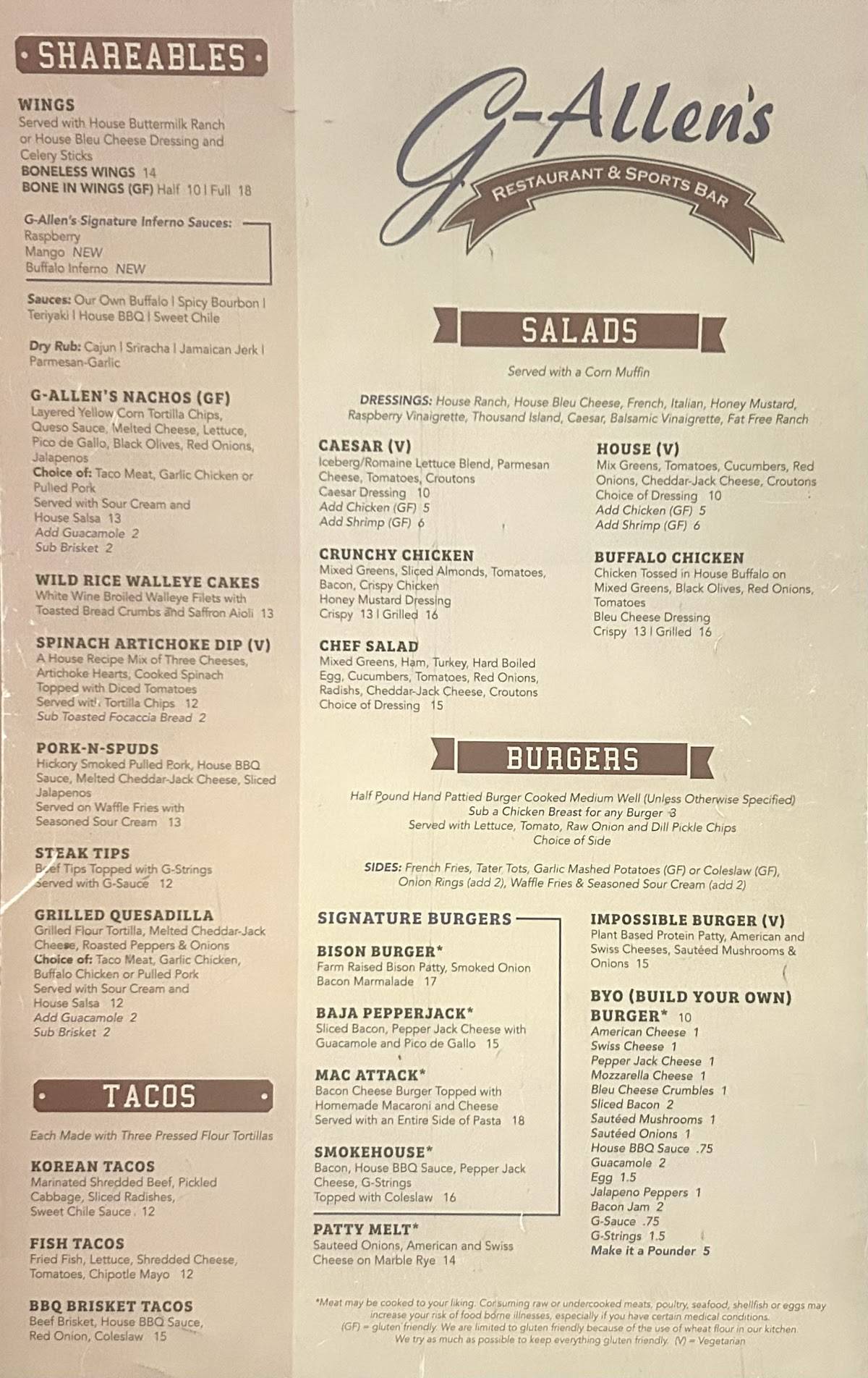 Menu at G Allen's Restaurant and Sports Bar, Sartell
