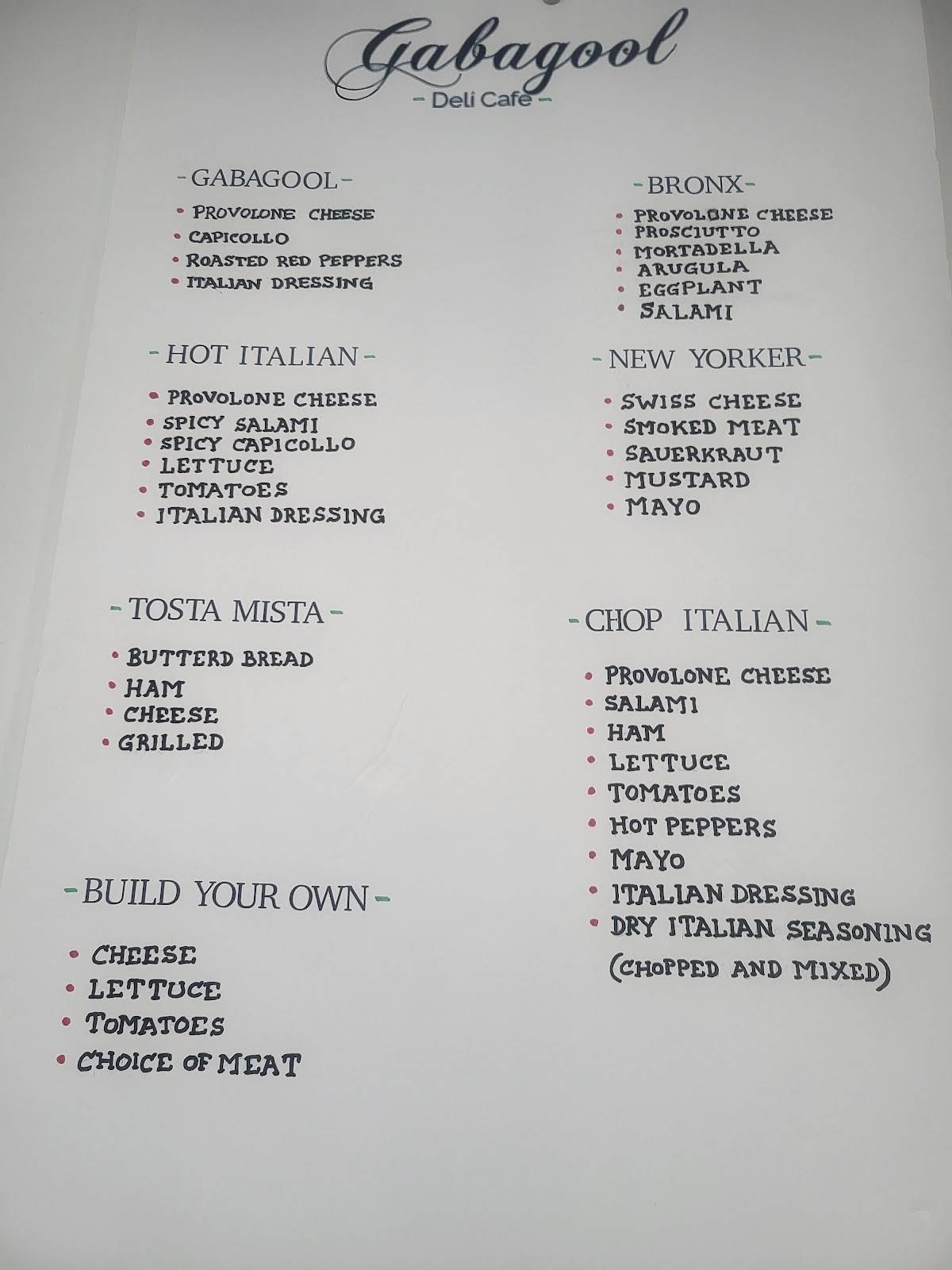 Menu at Gabagool Deli Cafe, Innisfil