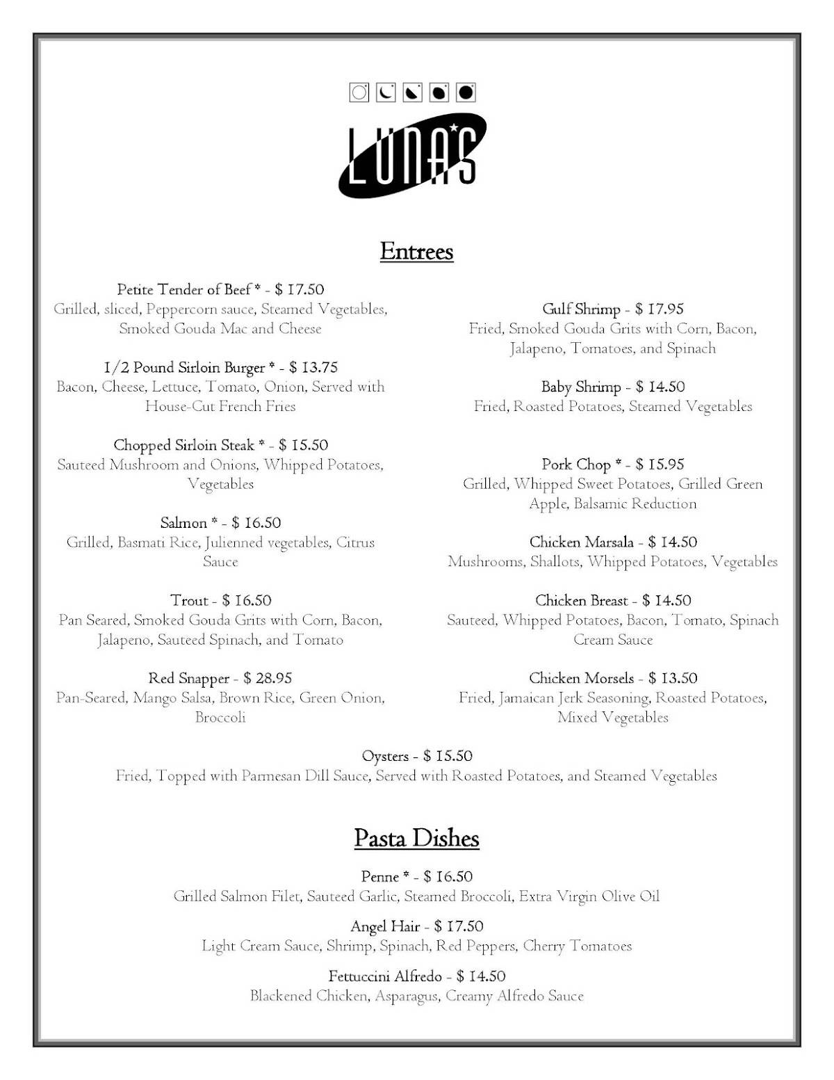 Menu at Luna's Restaurant, Gainesville