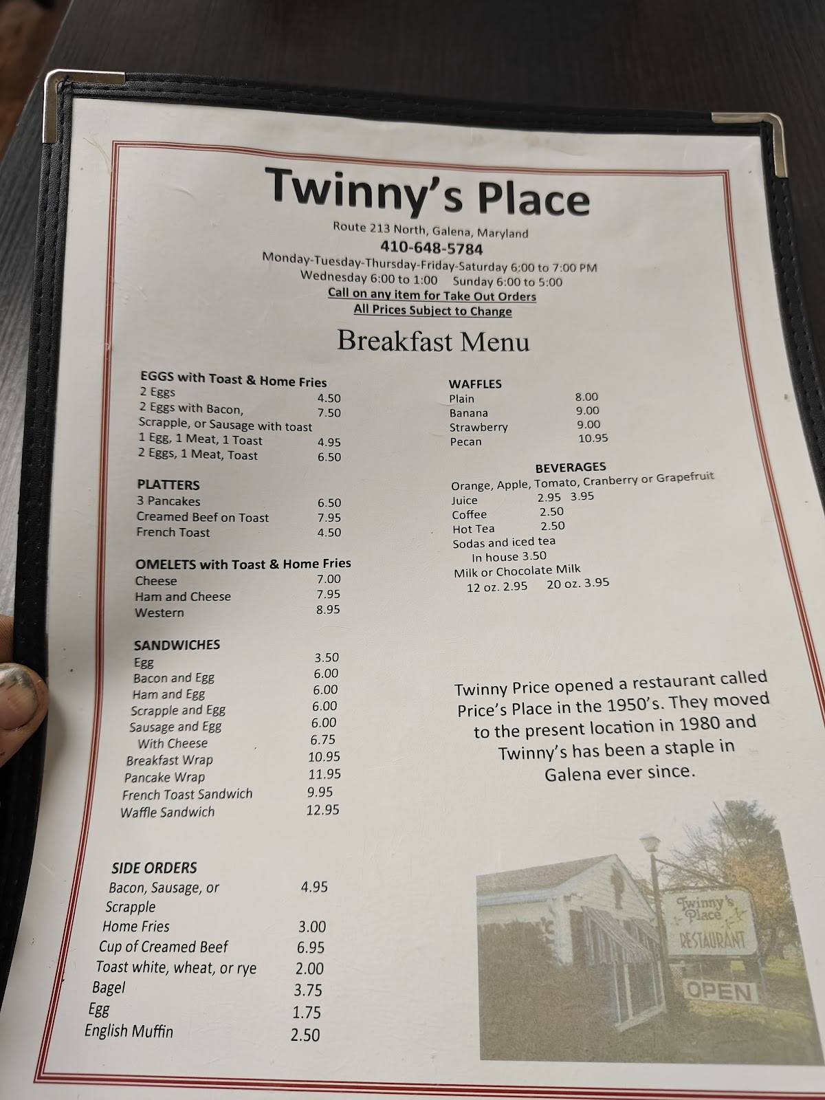 Menu at Twinny’s 162 restaurant, Galena