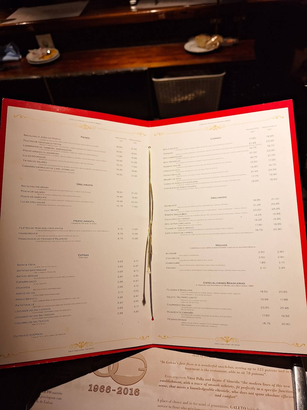 Menu at Galeto restaurant, Lisbon