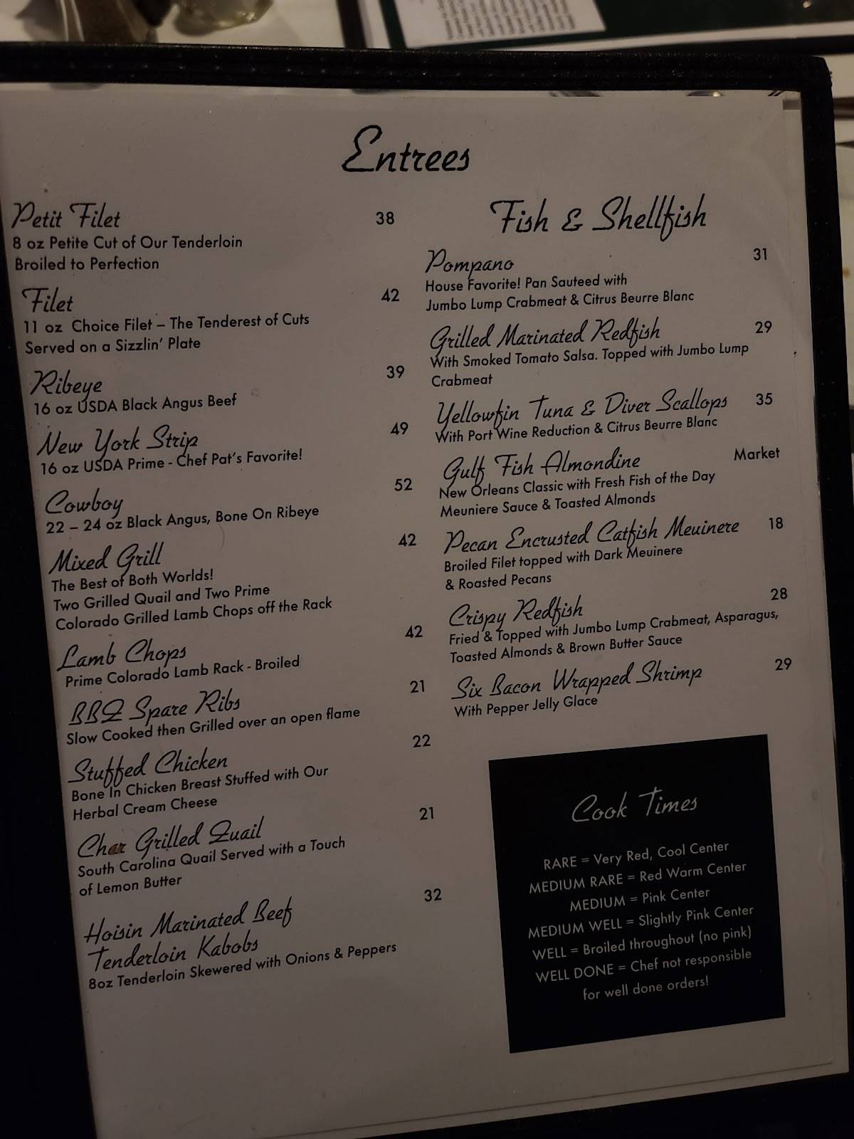 Menu at Gallagher's on Front Street steakhouse, Slidell