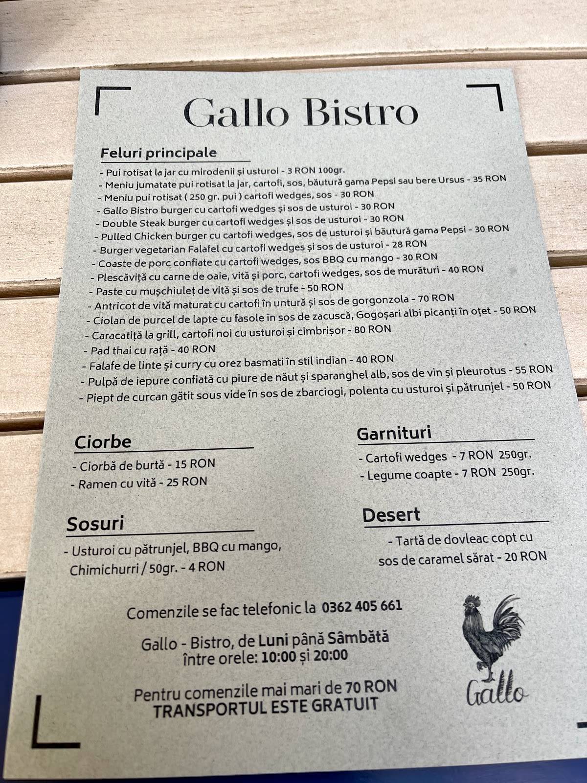 Menu at Gallo Bistro, Baia Mare