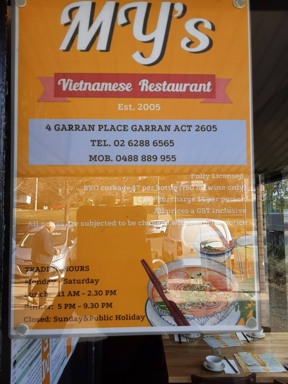Menu at MY's Restaurant, Garran