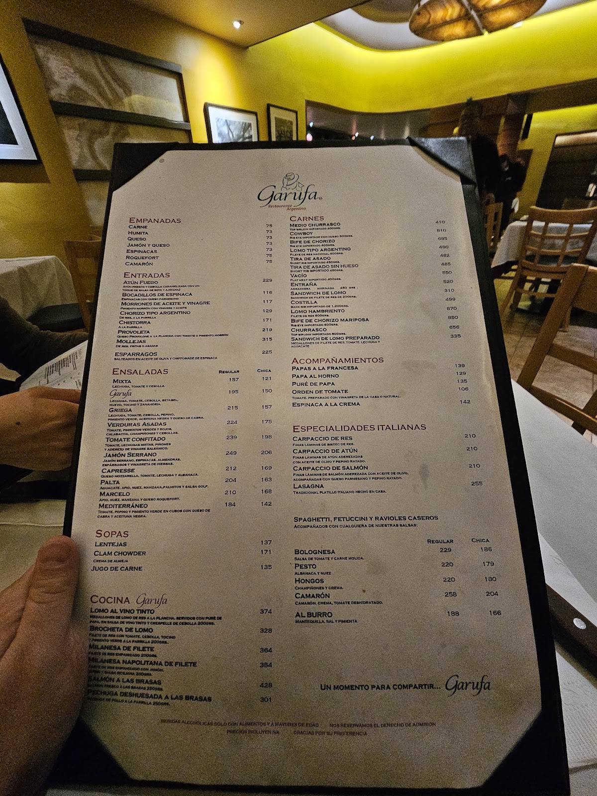 Carta del restaurante Garufa, Torreón, Avenida Abasolo