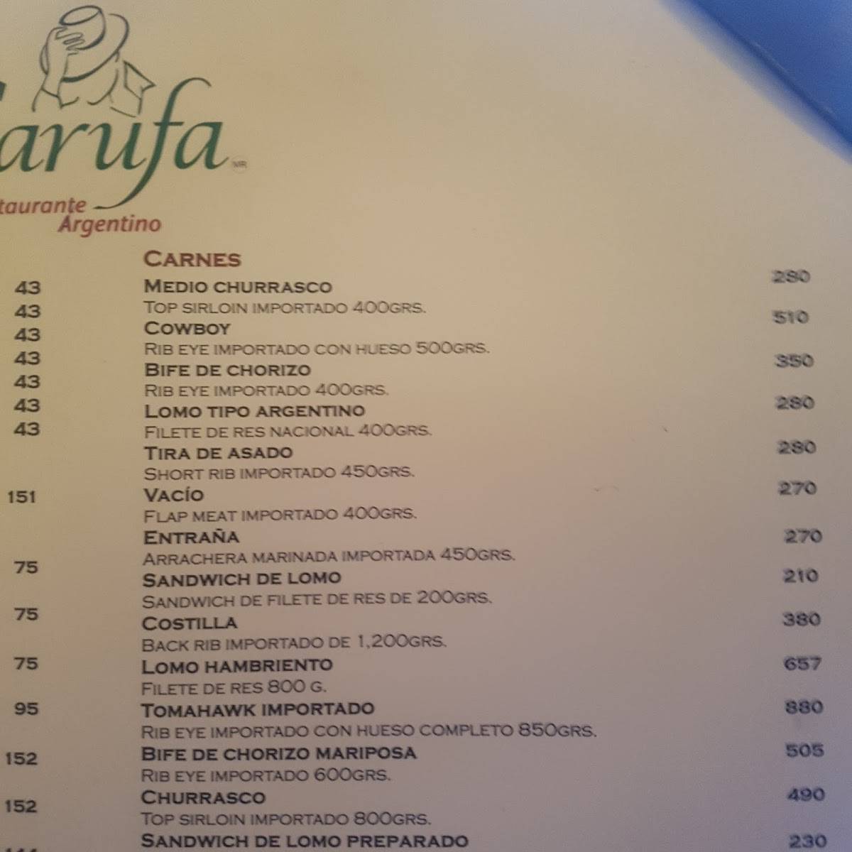 Carta del restaurante Garufa, Torreón, Avenida Abasolo