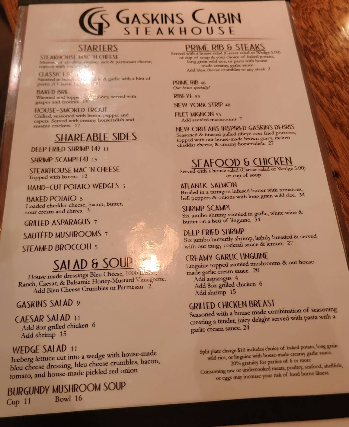 Menu at Gaskins Cabin Steakhouse, Eureka Springs