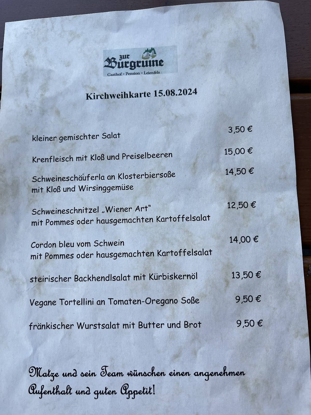 Menu au Gasthof und Pension "Zur Burgruine" restaurant, Pottenstein