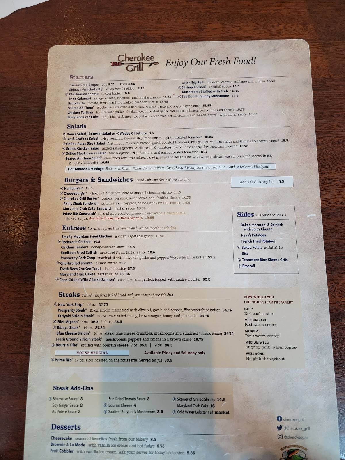 Menu at Cherokee Grill and Steakhouse, Gatlinburg