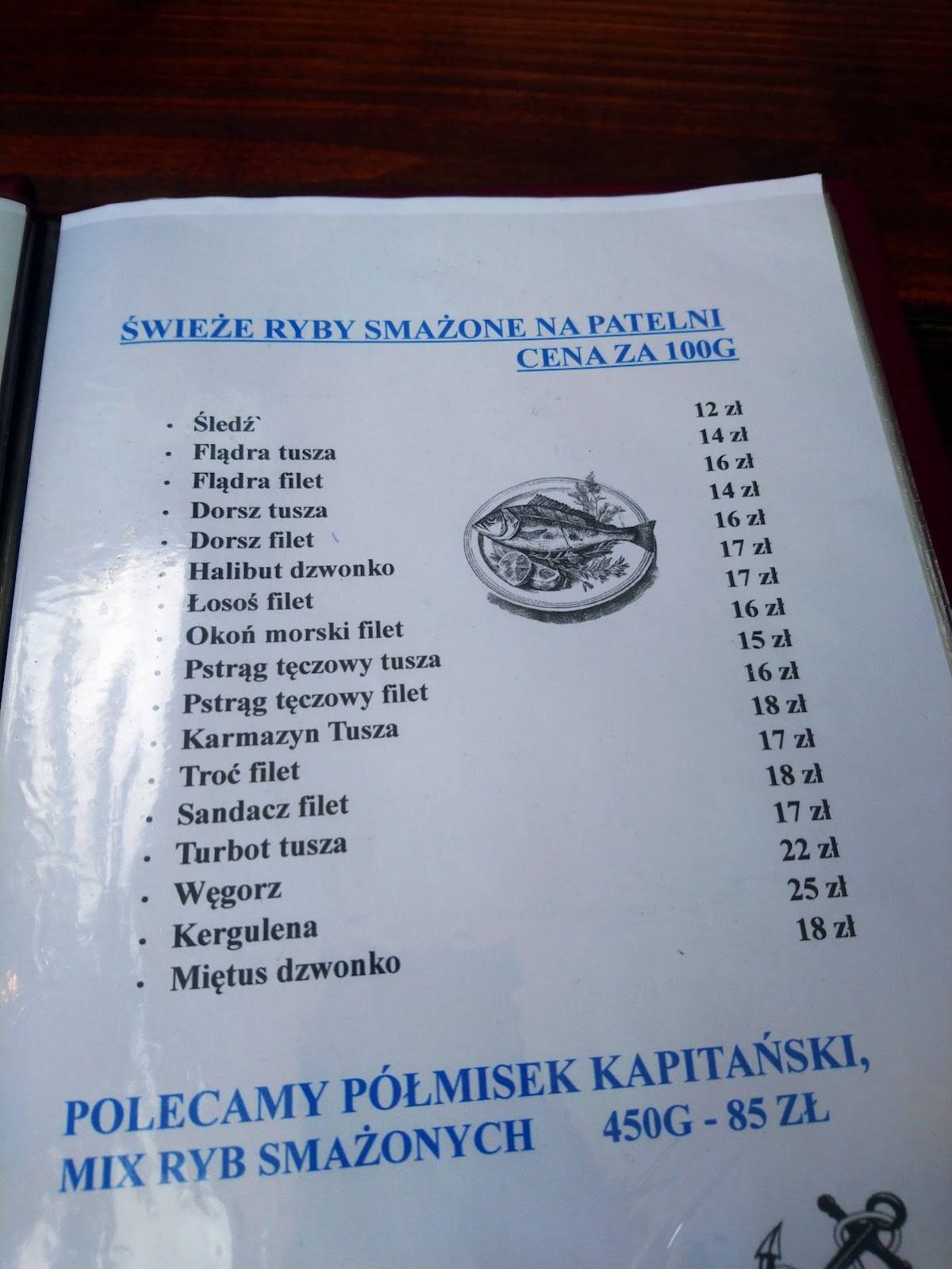 Menu at Tawerna Delfin restaurant, Gdańsk