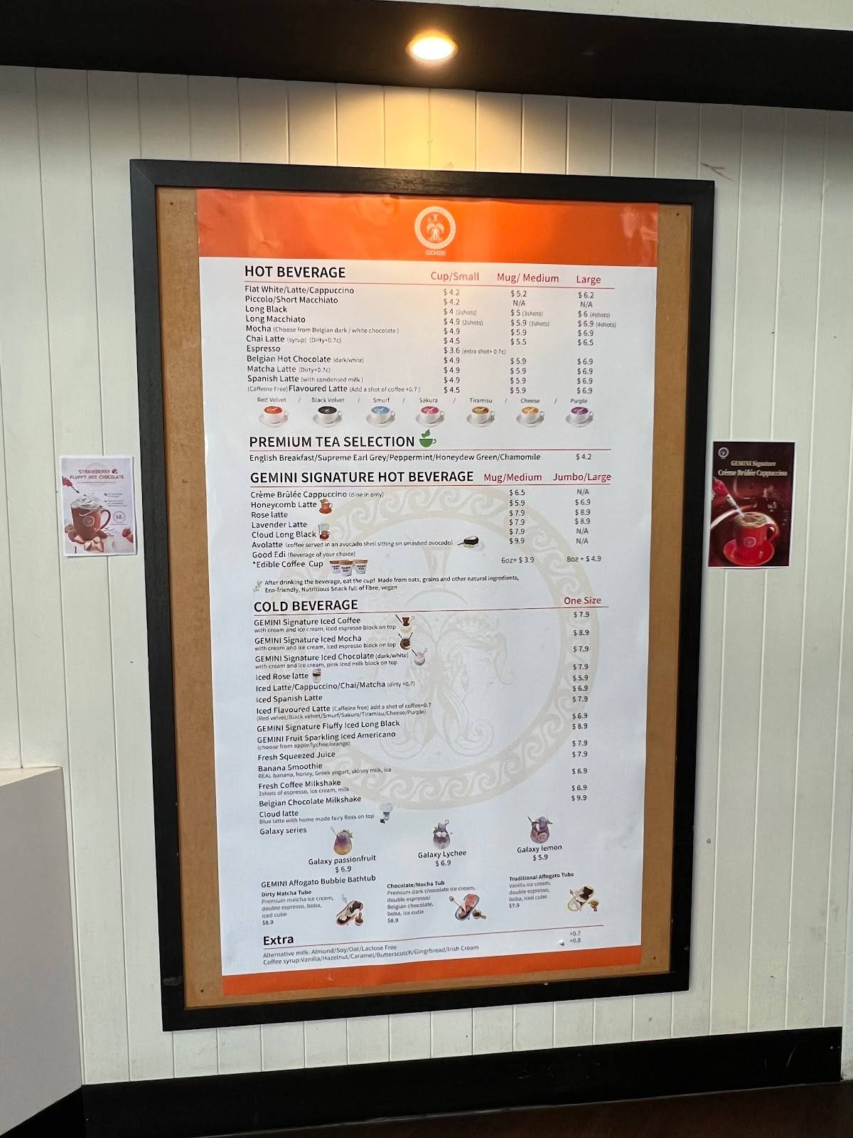 Menu at Gemini cafe, Perth