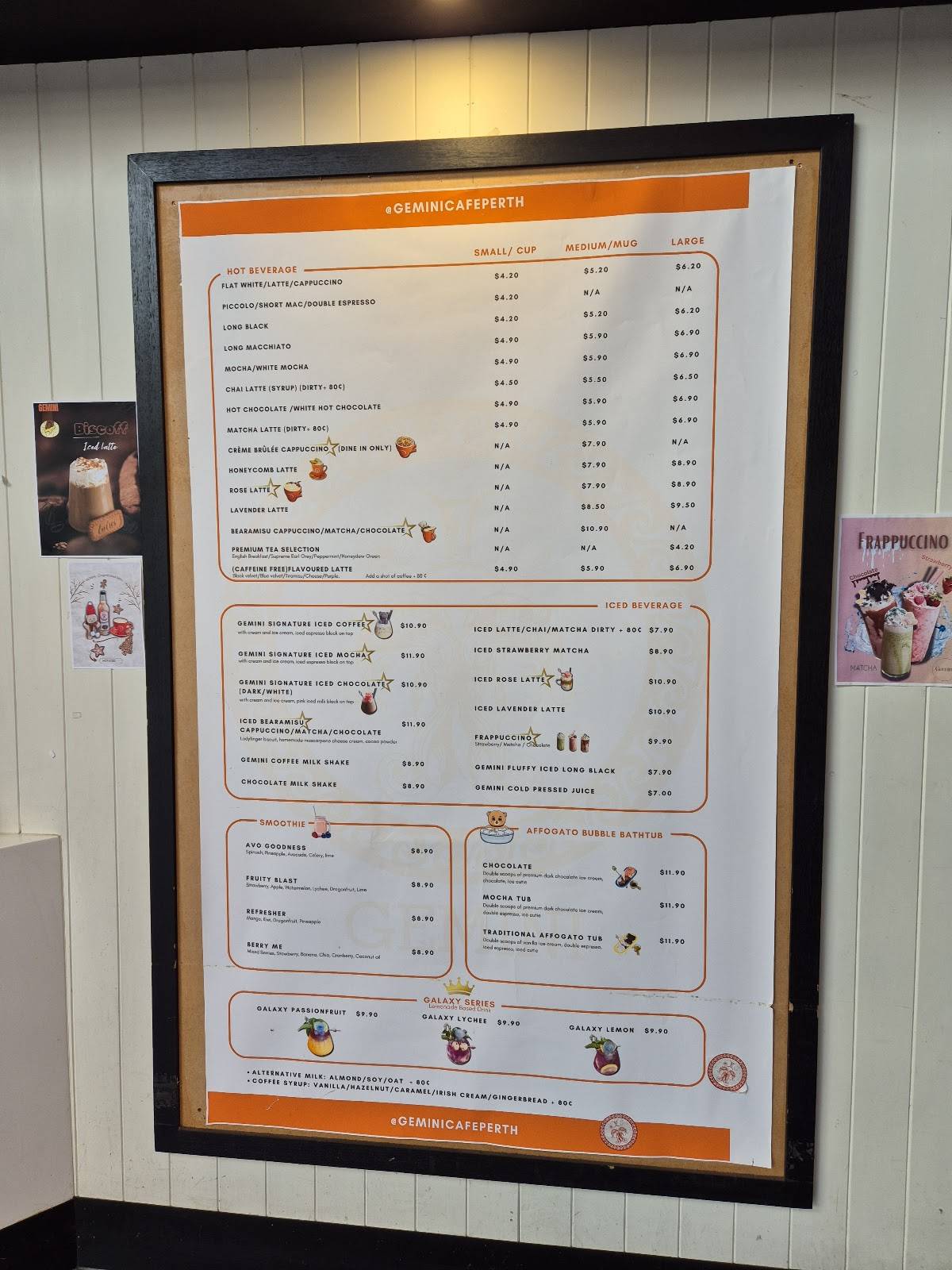 Menu at Gemini cafe, Perth