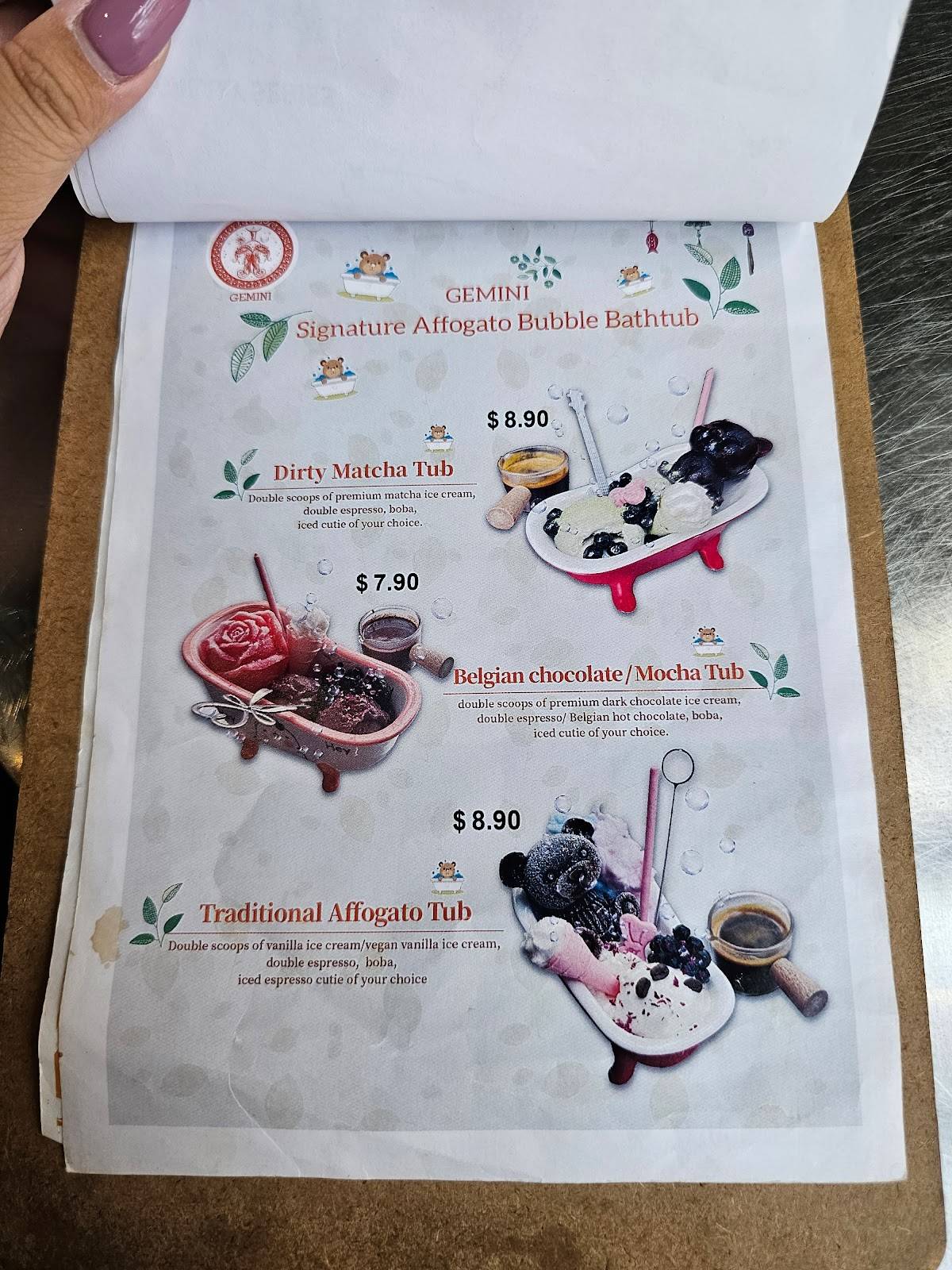 Menu at Gemini cafe, Perth