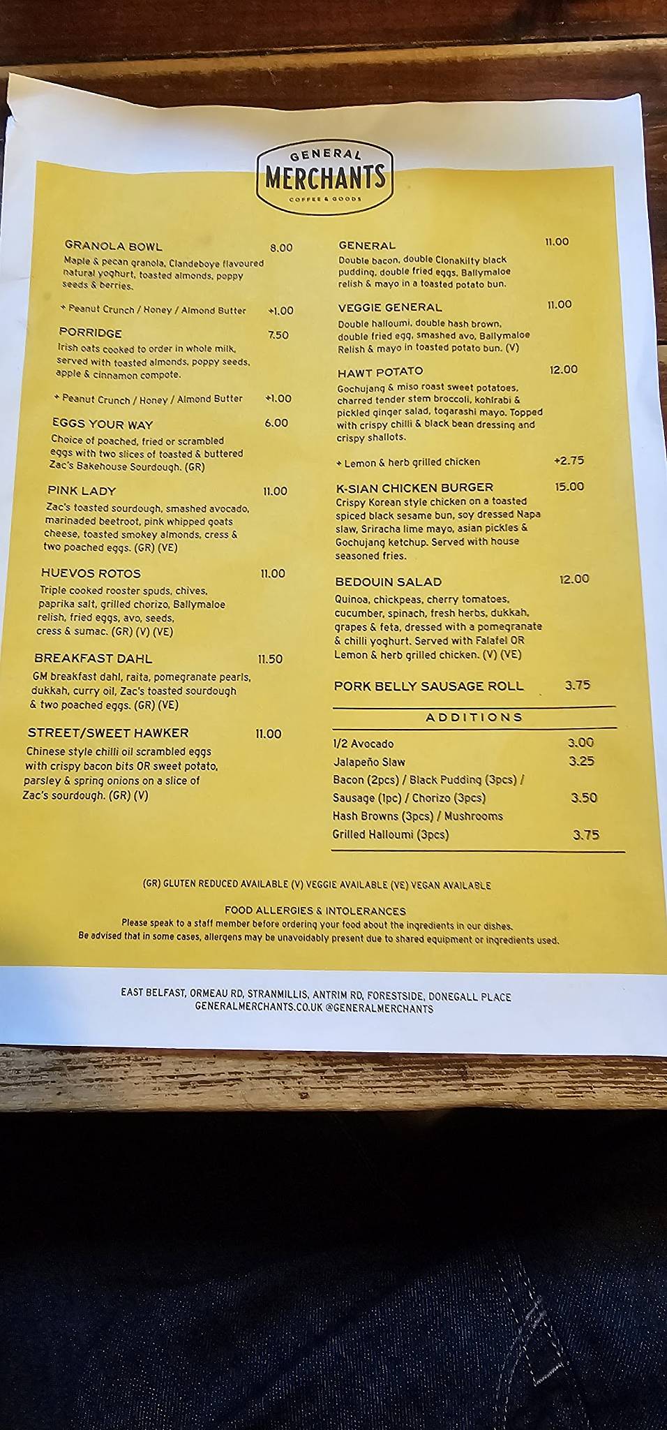Menu at General Merchants cafe, Belfast, 361 Ormeau Rd
