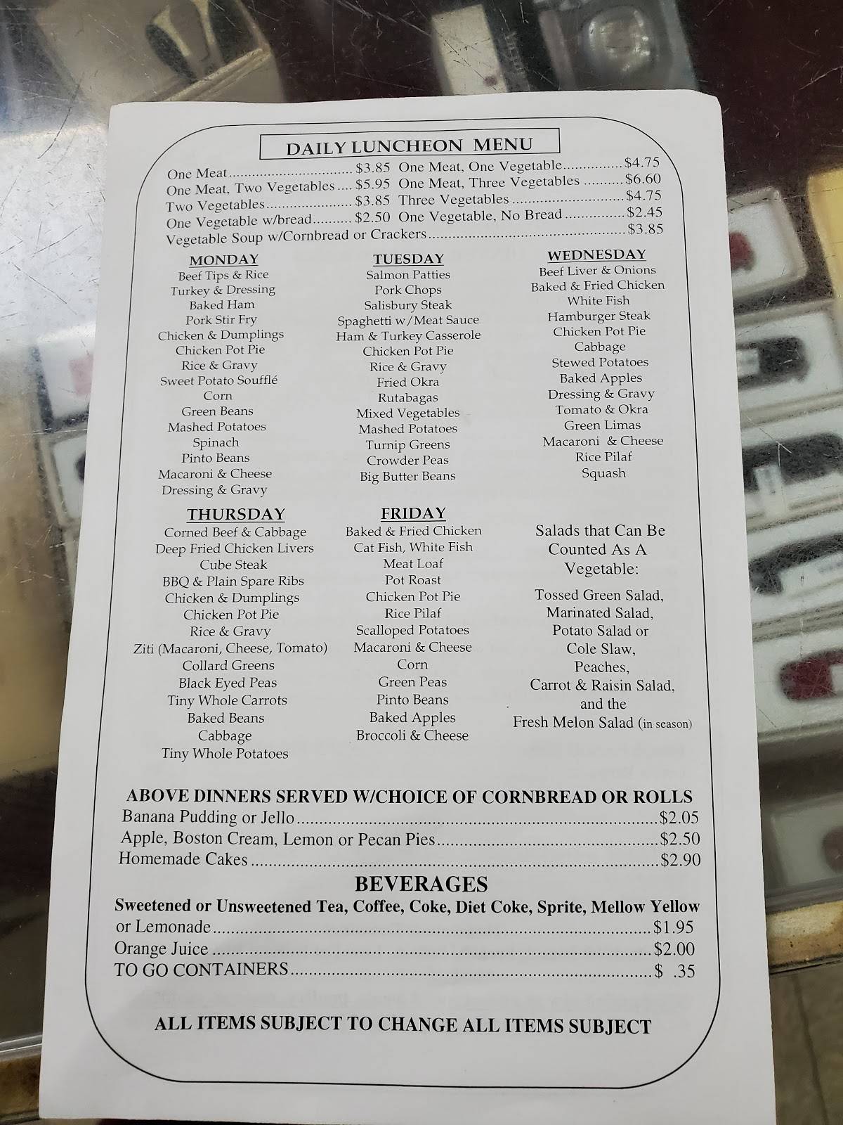 Menu at Gene's Restaurant, Chester