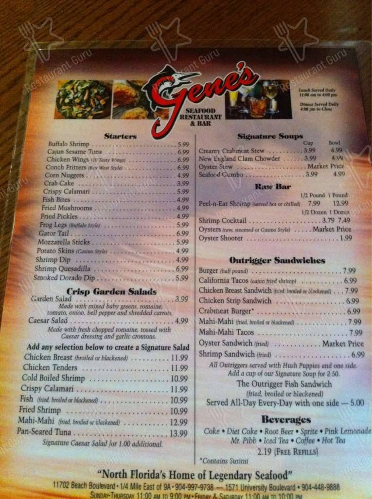 Menu at Gene's Seafood Restaurant, Jacksonville, University Blvd W