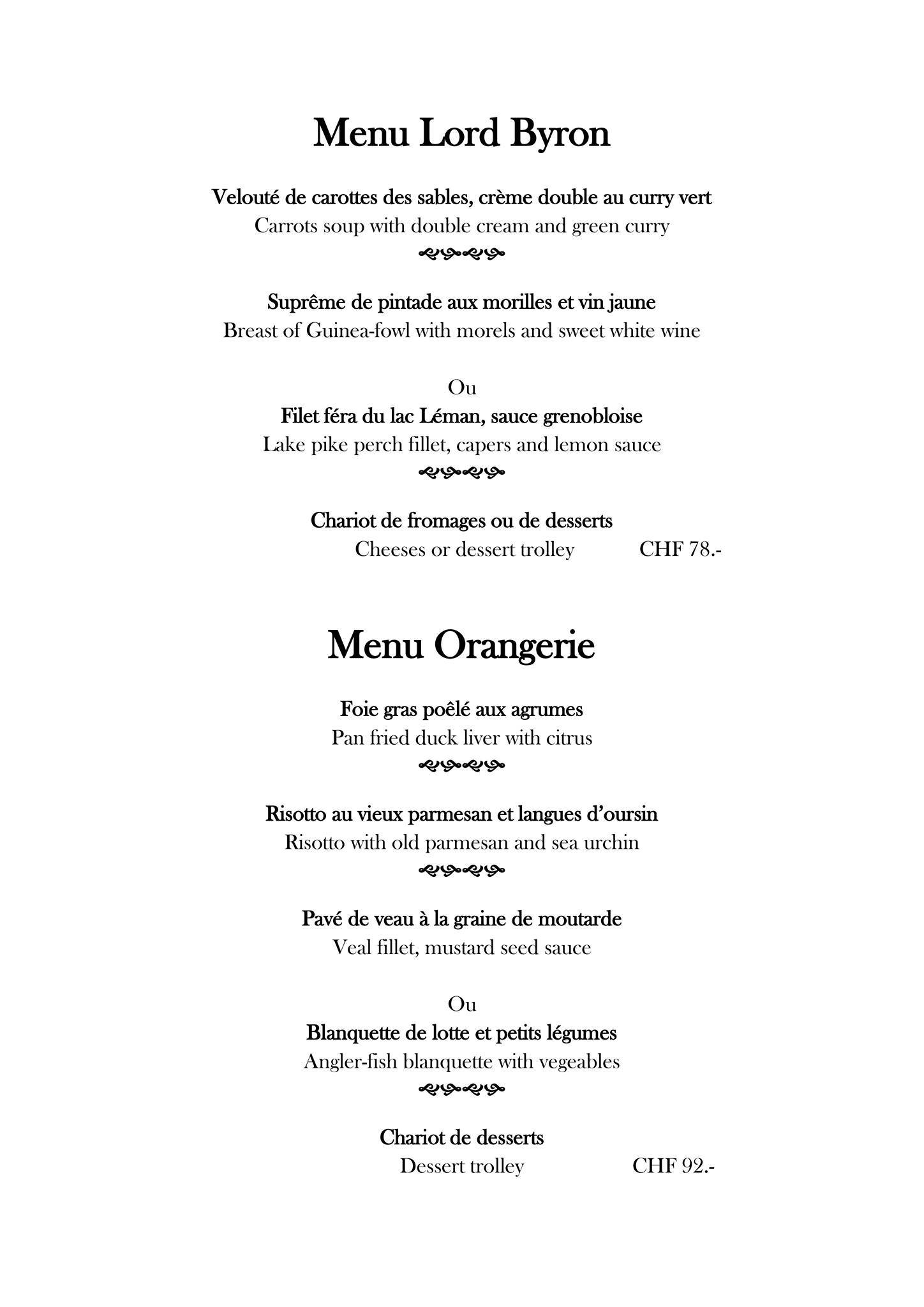 Menu at Restaurant la Perle du Lac, Geneva, Rue de Lausanne 126