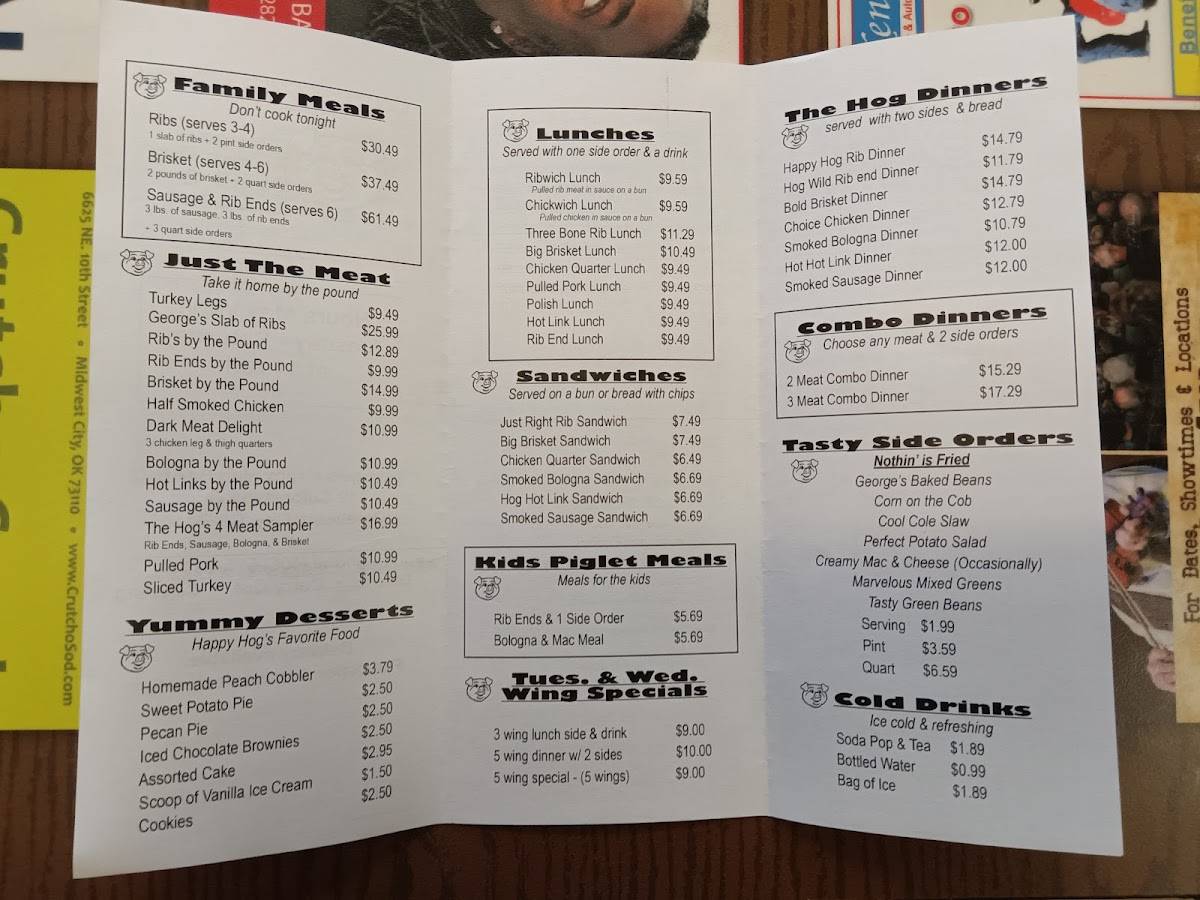 Menu at George's Happy Hog Bar-B-Q, Oklahoma City, 712 Culbertson Dr