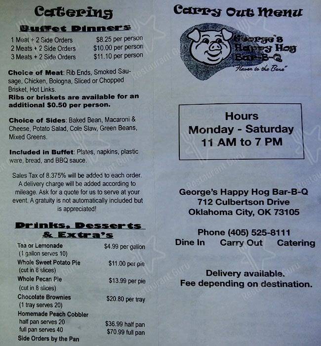 Menu at George's Happy Hog Bar-B-Q, Oklahoma City, 712 Culbertson Dr