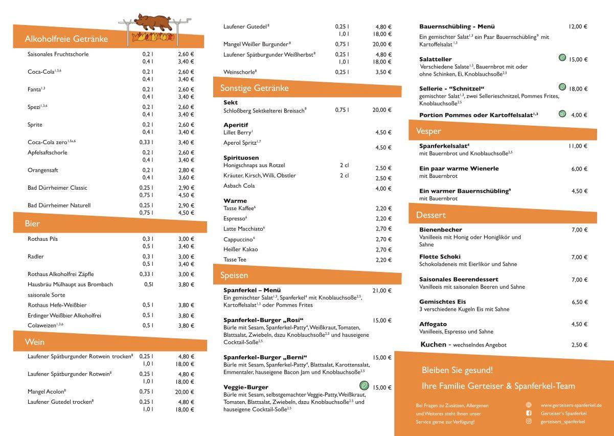 Speisekarte von Gerteiser's Spanferkel restaurant, Laufenburg