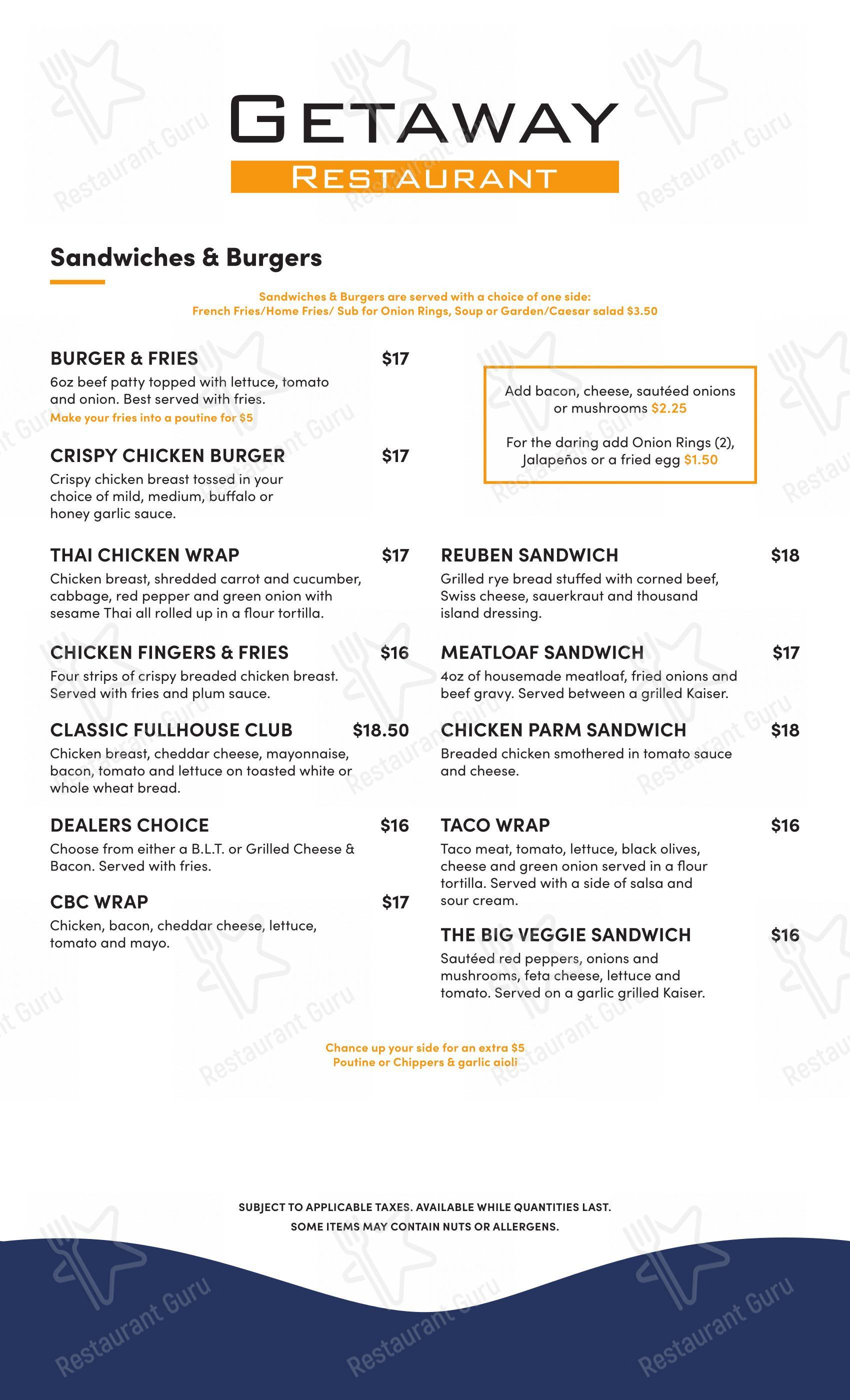 Menu at Getaway Restaurant, Thunder Bay