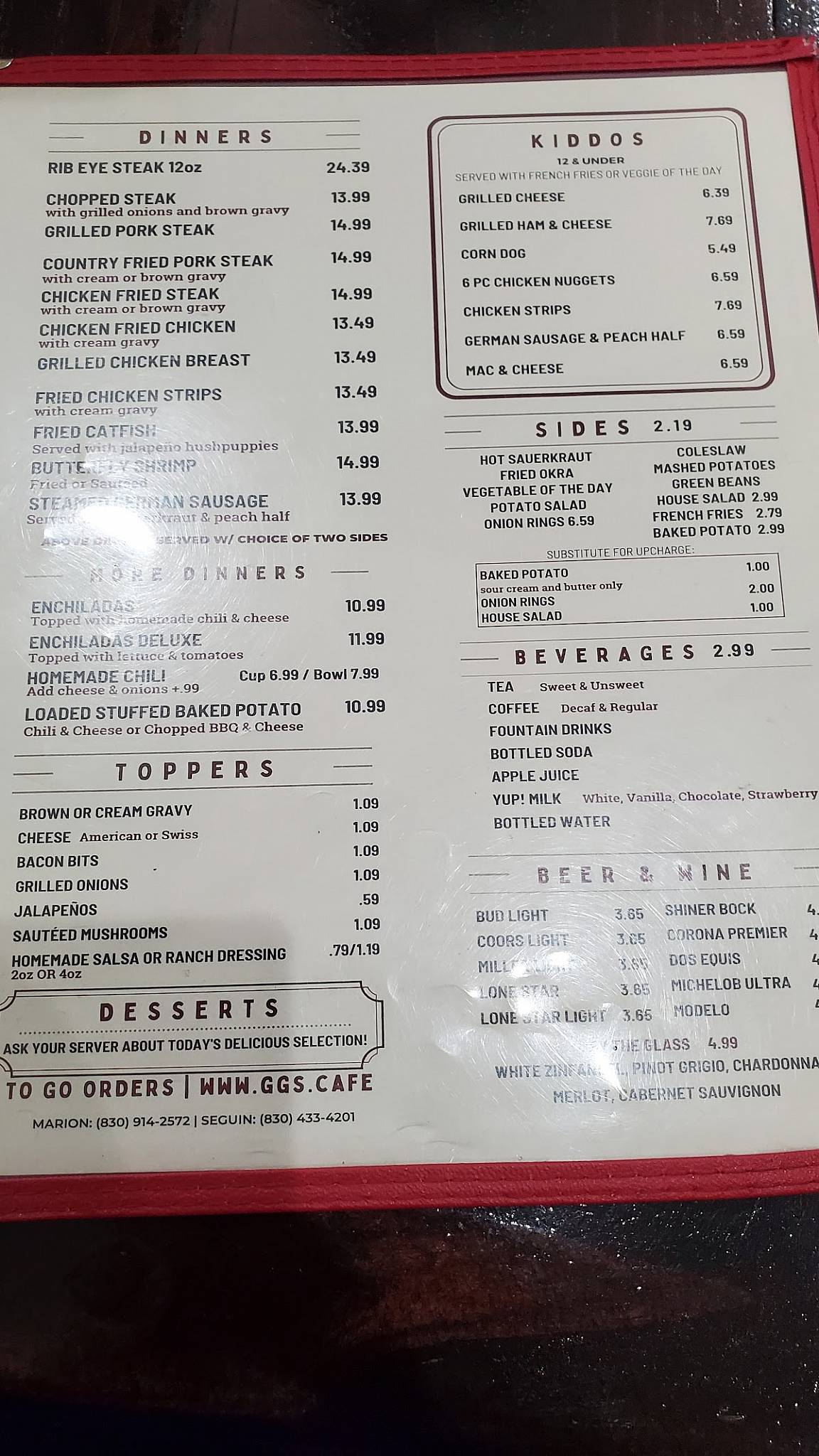 Menu at Gg's Cafe, Seguin