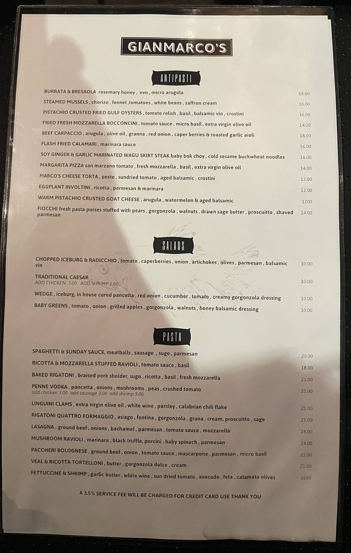 Menu at Gianmarco's Restaurant, Birmingham