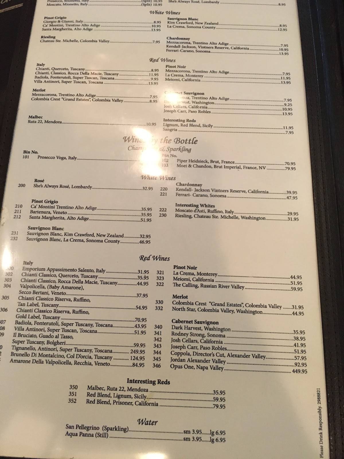 Menu at Gianni's restaurant, Pompano Beach