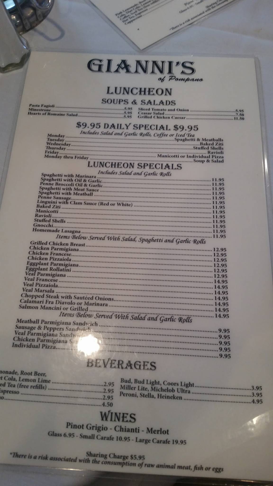 Menu at Gianni's restaurant, Pompano Beach