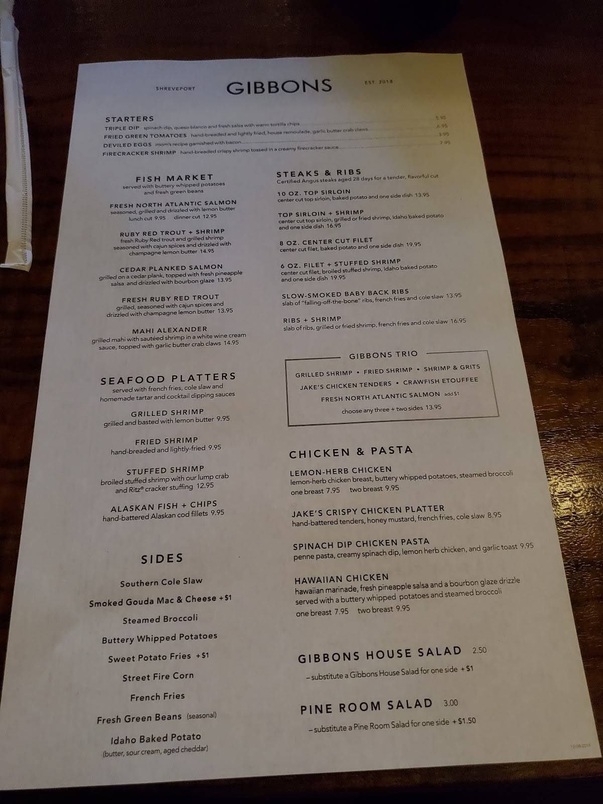 Menu at Gibbons Fine Grill restaurant, Shreveport