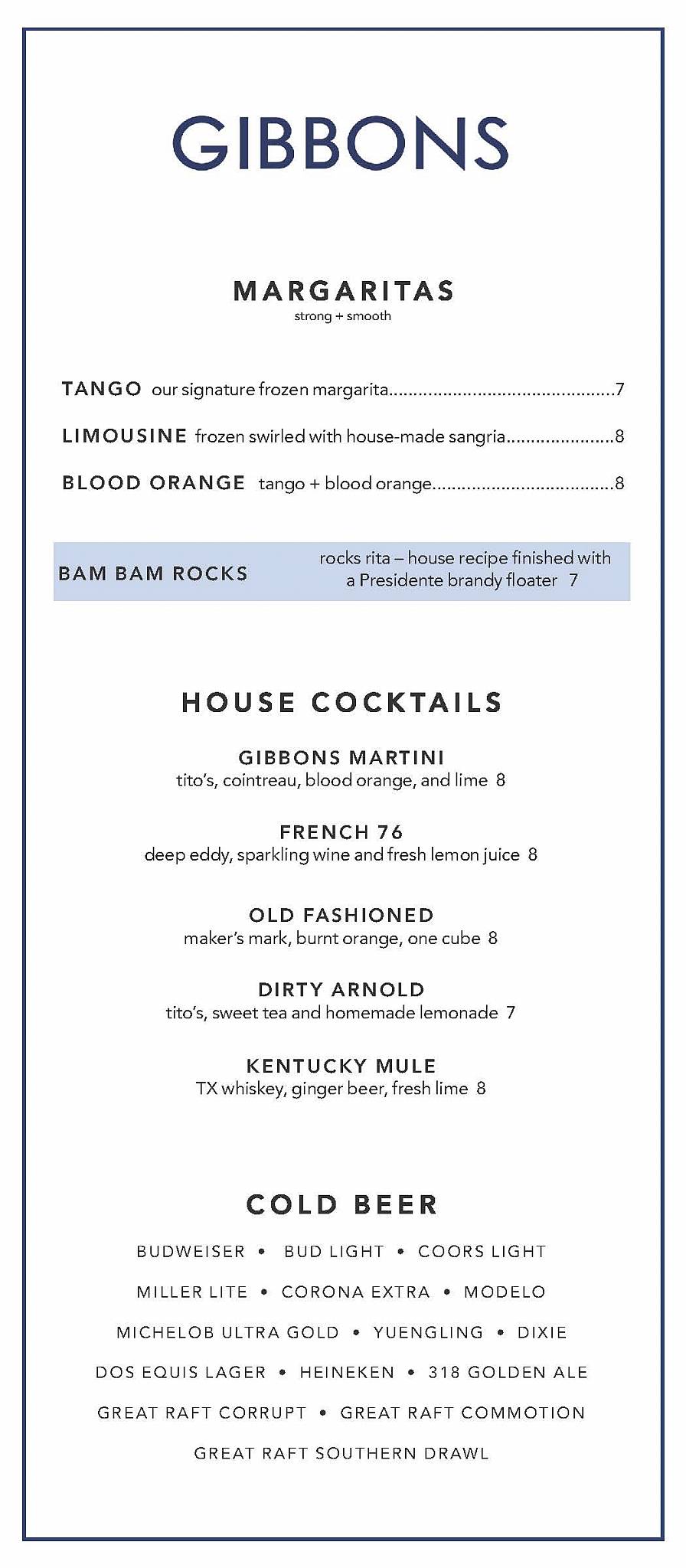 Menu at Gibbons Fine Grill restaurant, Shreveport