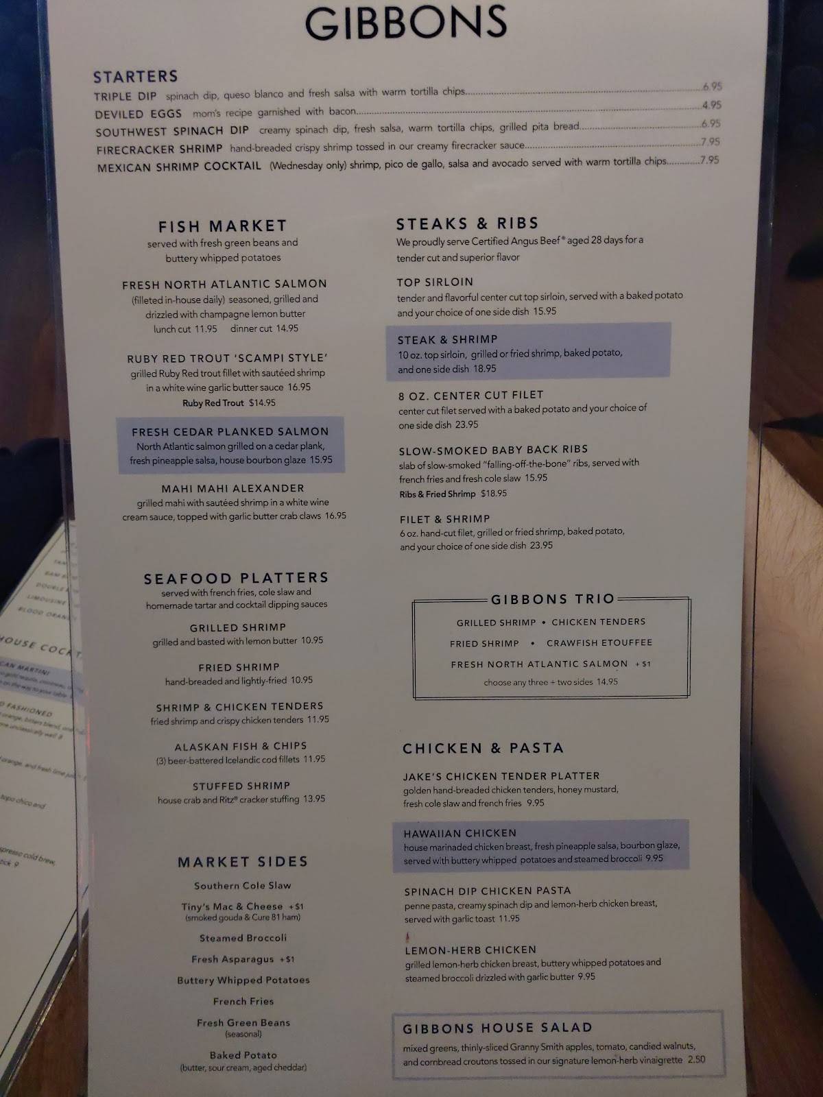 Menu at Gibbons Fine Grill restaurant, Shreveport