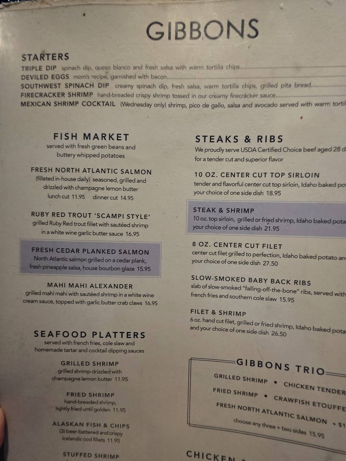 Menu at Gibbons Fine Grill restaurant, Shreveport
