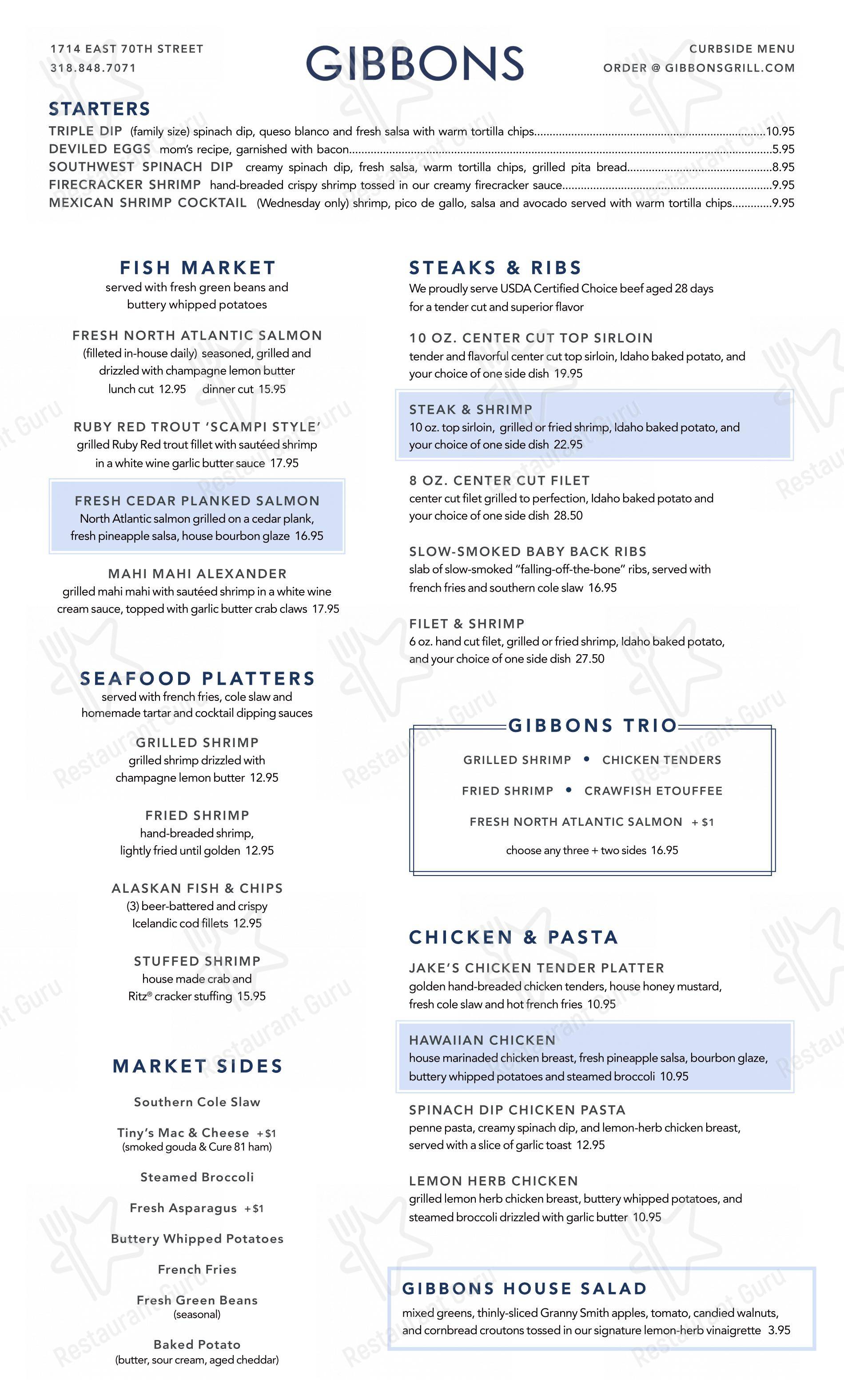 Menu at Gibbons Fine Grill restaurant, Shreveport