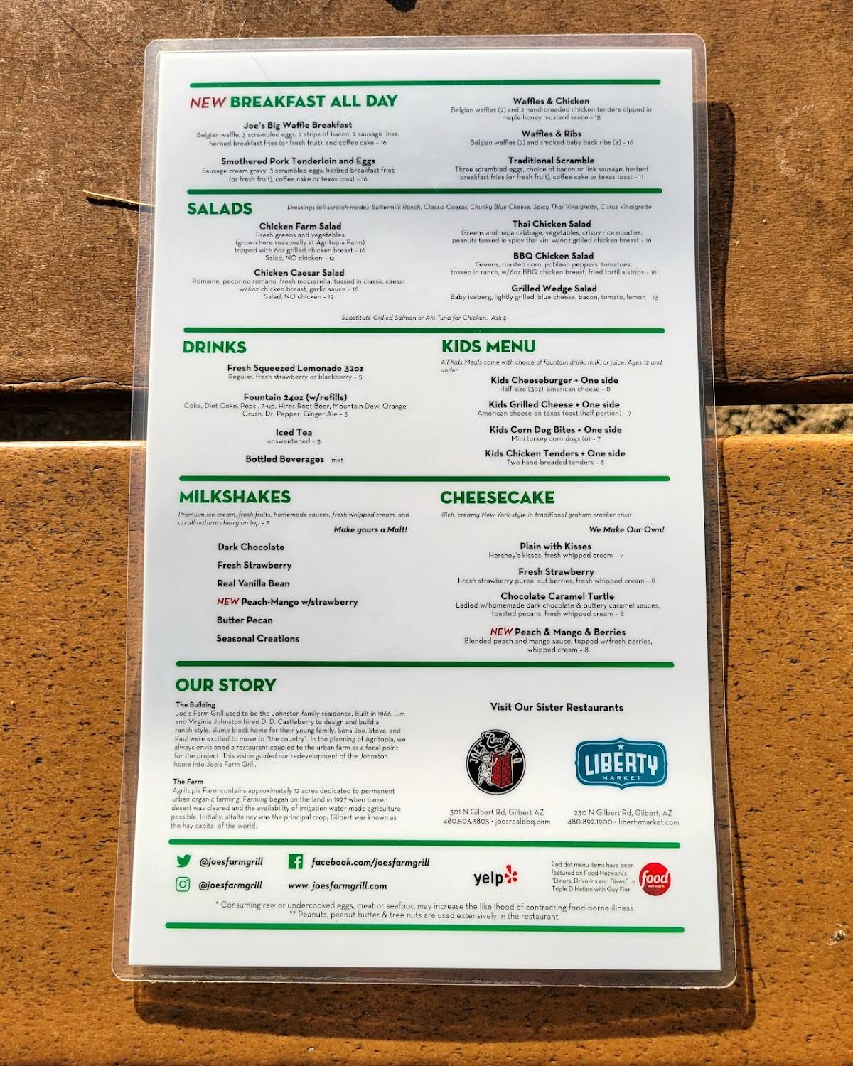 Menu at Joe's Farm Grill pizzeria, Gilbert