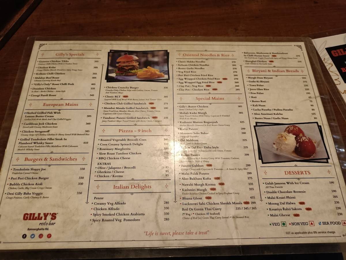Menu at Gilly's Restobar Bannerghatta - Best Pub in JP Nagar, Bengaluru ...