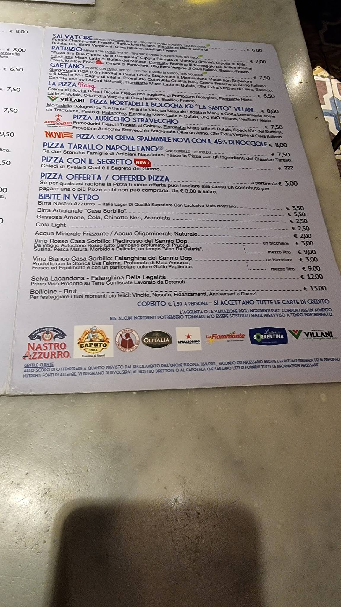 Menu at Gino e Toto Sorbillo pizzeria, Naples, Via dei Tribunali