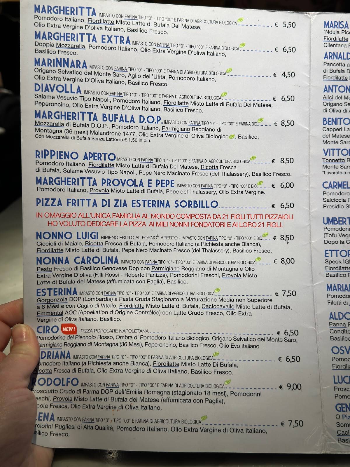 Menu at Gino e Toto Sorbillo pizzeria, Naples, Via dei Tribunali