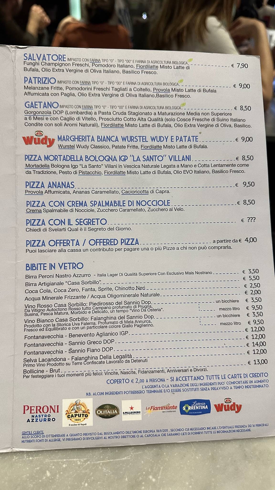 Menu at Gino e Toto Sorbillo pizzeria, Naples, Via dei Tribunali