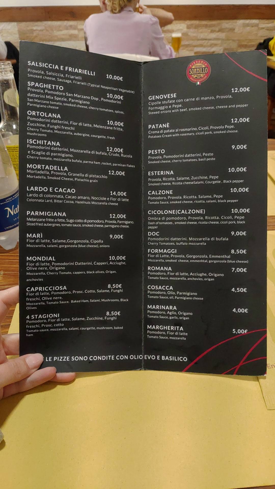 Menu at Gino e Toto Sorbillo pizzeria, Naples, Via dei Tribunali