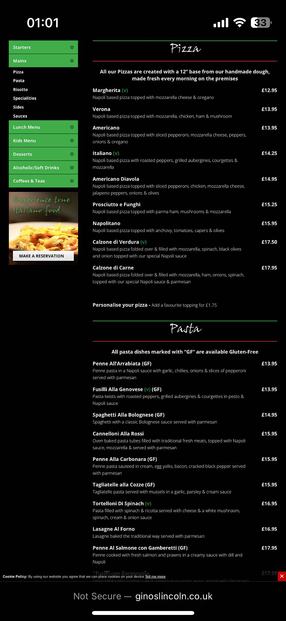 Menu at Gino's restaurant, Lincoln, 7 Gordon Rd
