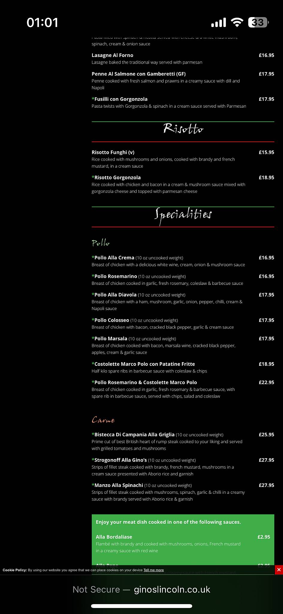 Menu at Gino's restaurant, Lincoln, 7 Gordon Rd