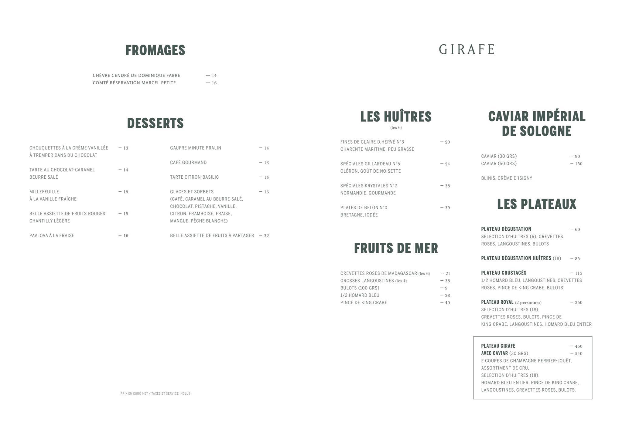 Menu at Girafe Restaurant, Paris