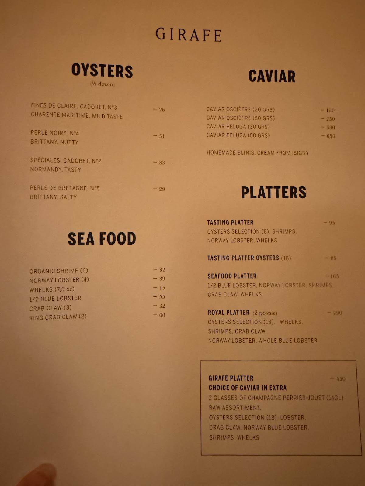 Menu at Girafe Restaurant, Paris